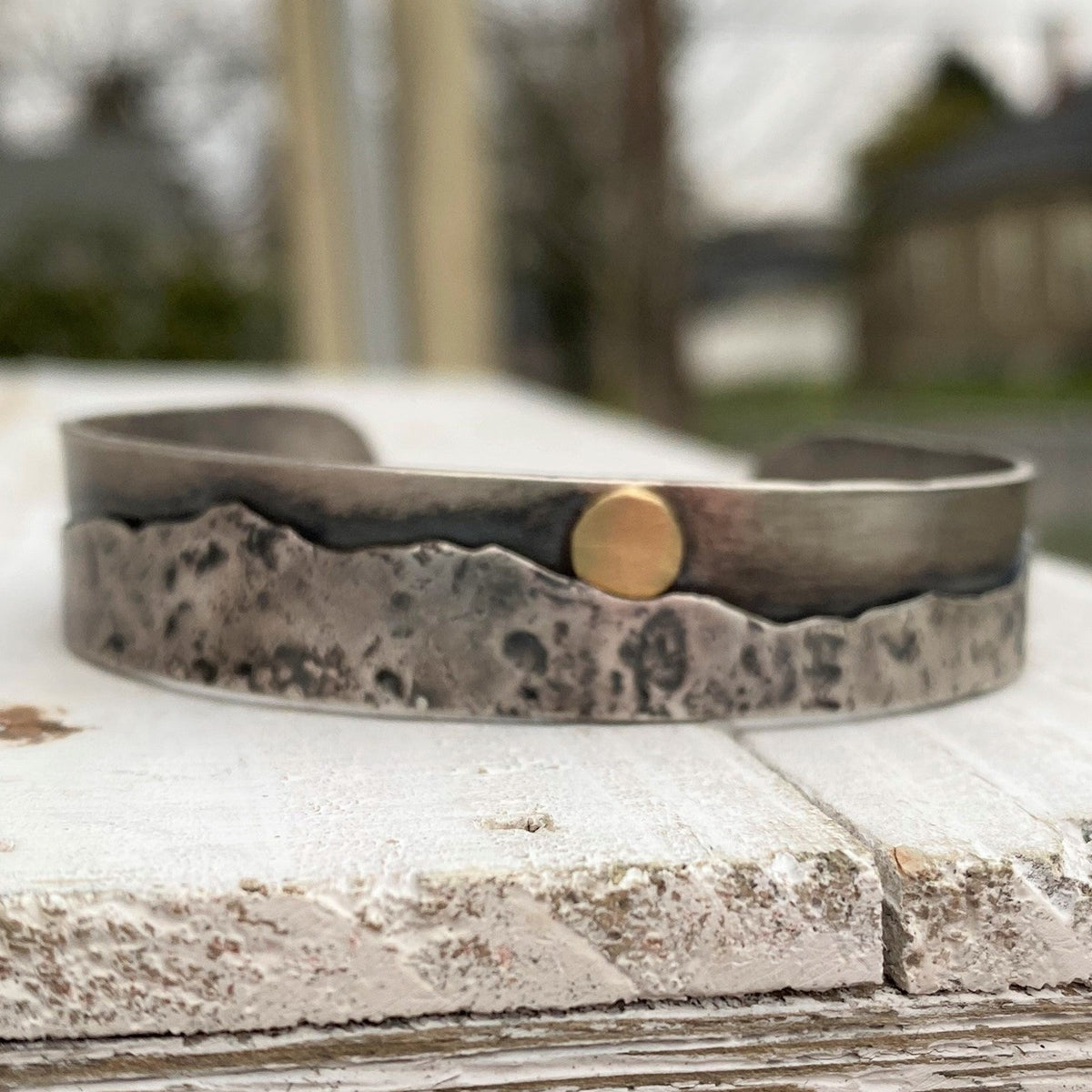 Sterling Silver Mountain Landscape Cuff Bracelet with 14k Gold ...